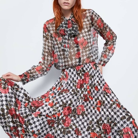 Zara | Tops | Zara Roses Print Houndstooth Long Sleeve Sheer Blouse New | Poshmark